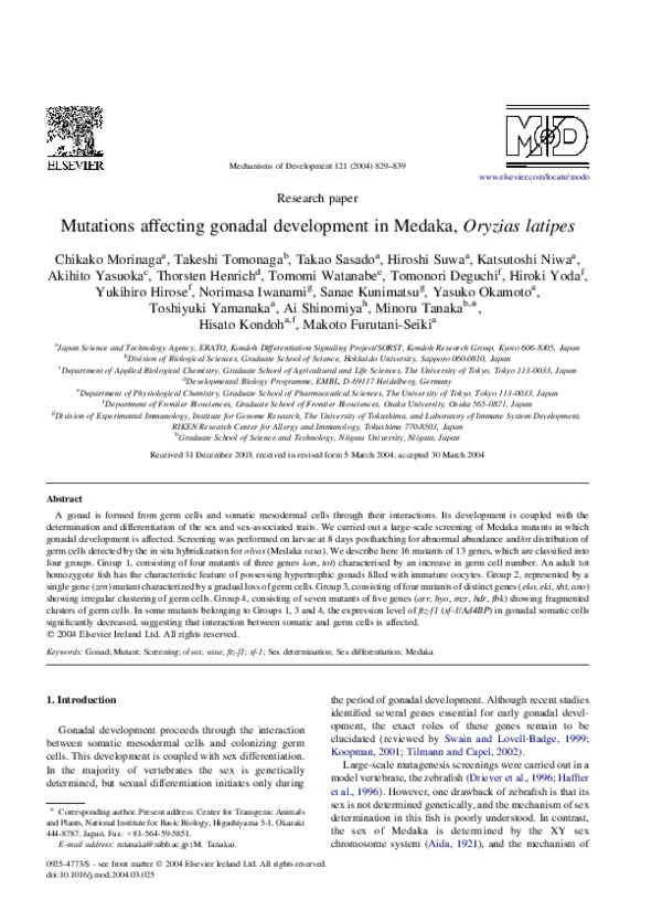 Pdf Mutations Affecting Gonadal Development In Medaka Oryzias Latipes 0100