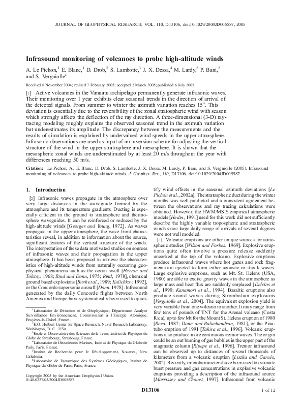 (PDF) Infrasound monitoring of volcanoes to probe high-altitude winds