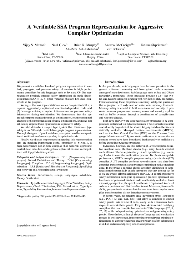 (PDF) A verifiable SSA program representation for aggressive compiler optimization