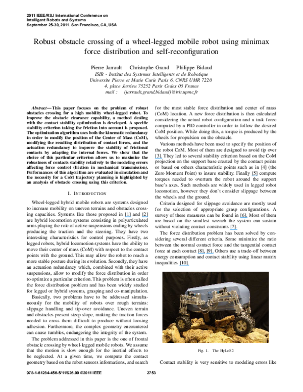 (PDF) Robust obstacle crossing of a wheel-legged mobile robot using minimax force distribution ...