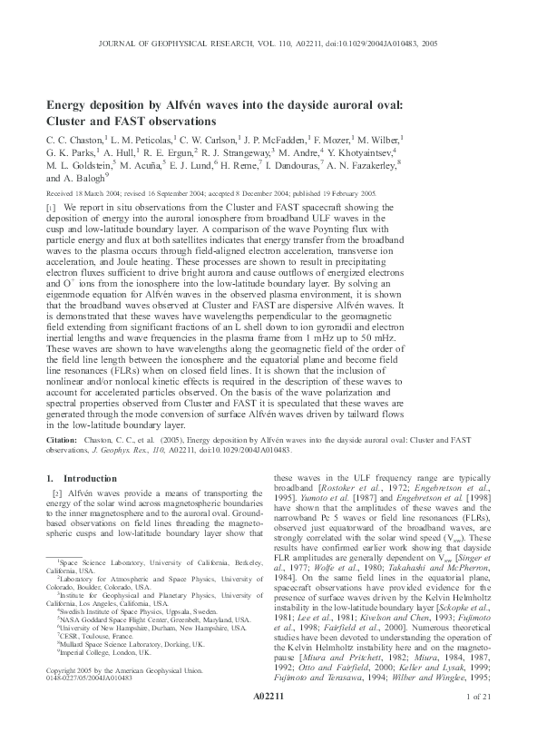(PDF) Energy deposition by Alfvén waves into the dayside auroral oval: Cluster and FAST observations