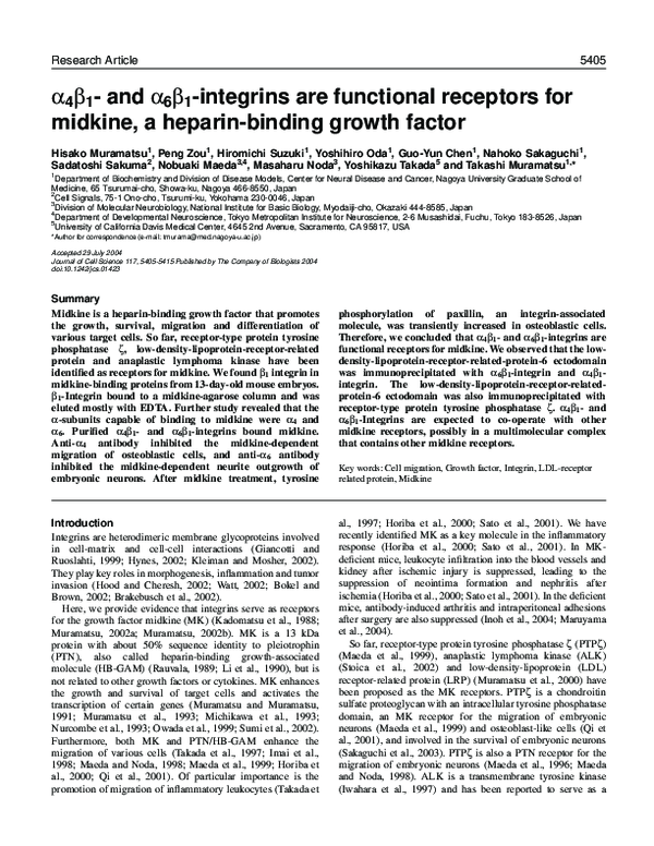 (PDF) 4 1- and 6 1-INTEGRINS Are Functional Receptors for Midkine, a ...
