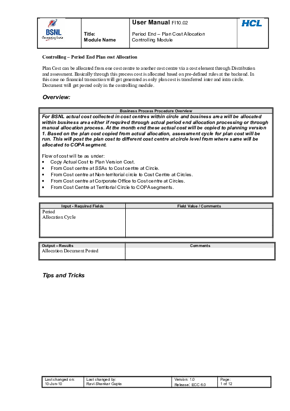 (DOC) Controlling – Period End Plan cost Allocation Period Allocation Cycle