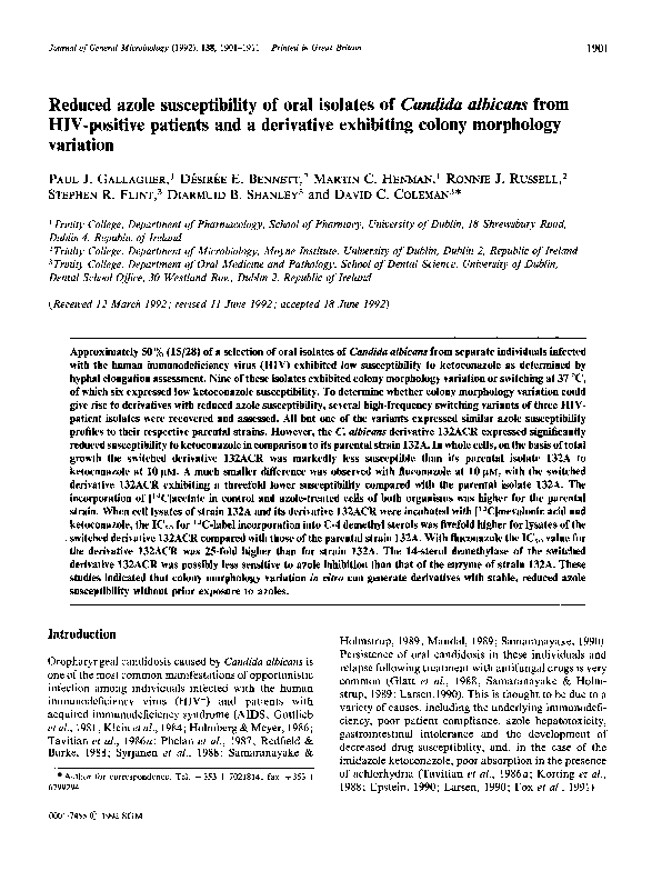 (PDF) Reduced azole susceptibility of oral isolates of Candida albicans ...