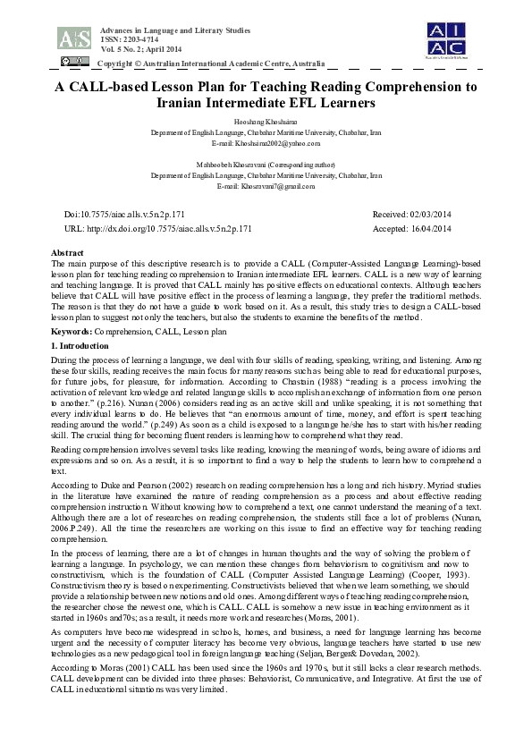 (PDF) A CALL-based Lesson Plan for Teaching Reading Comprehension to ...