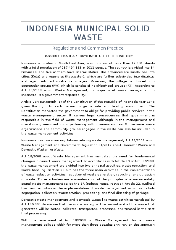 (DOC) INDONESIA municipal solid waste Regulations and Common Practice