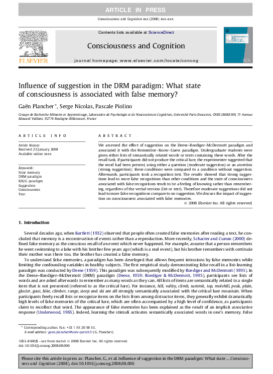 (PDF) Influence of suggestion in the DRM paradigm: What state of ...