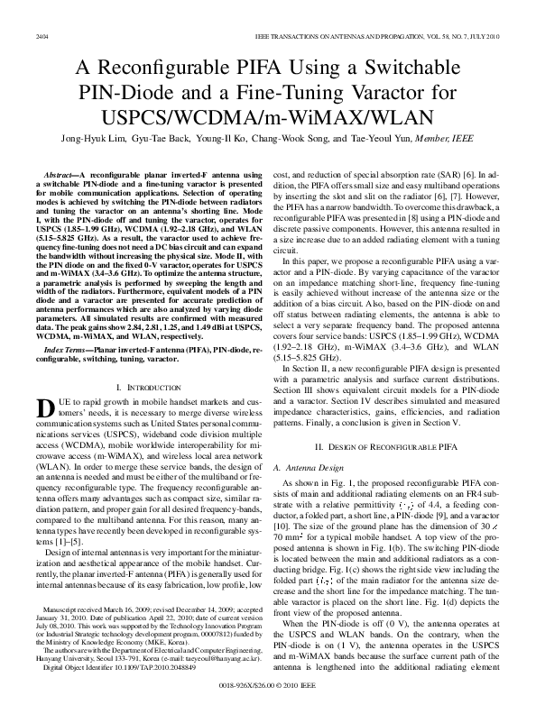 (PDF) A Reconfigurable PIFA Using a Switchable PIN-Diode and a Fine-Tuning Varactor for USPCS ...