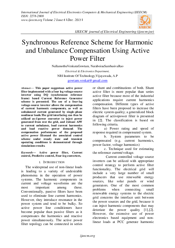 (PDF) Synchronous Reference Scheme for Harmonic and Unbalance Compensation Using Active Power Filter