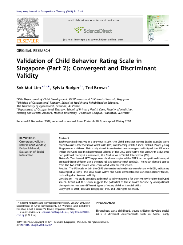 (PDF) Validation of child behavior rating scale in Singapore (Part 1 ...