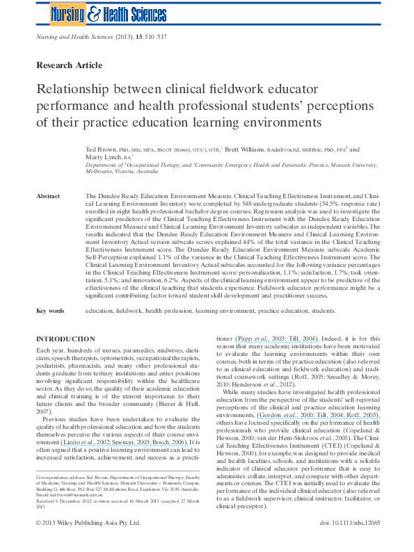 (PDF) Relationship between clinical fieldwork educator performance and health professional ...