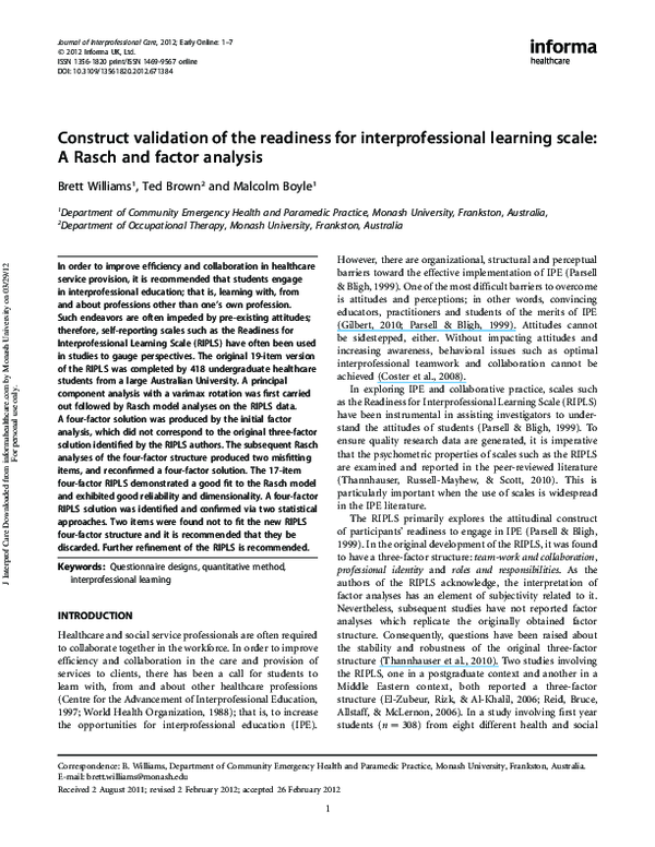 Pdf Construct Validation Of The Readiness For Interprofessional Learning Scale A Rasch And