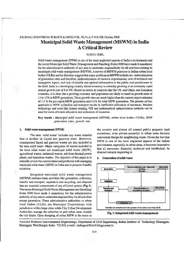 (PDF) Municipal solid waste management (MSWM) in India: a critical review