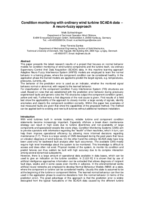 (PDF) Condition monitoring with ordinary wind turbine SCADA data – A neuro-fuzzy approach