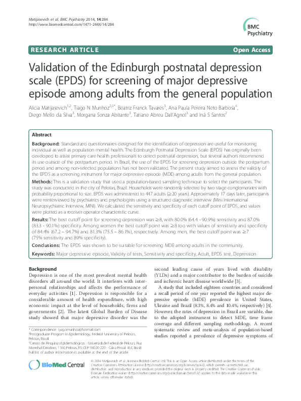 Pdf Validation Of The Edinburgh Postnatal Depression Scale For Men