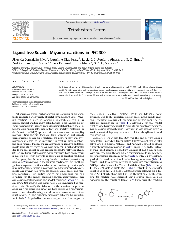 (PDF) Ligand-free Suzuki–Miyaura reactions in PEG 300