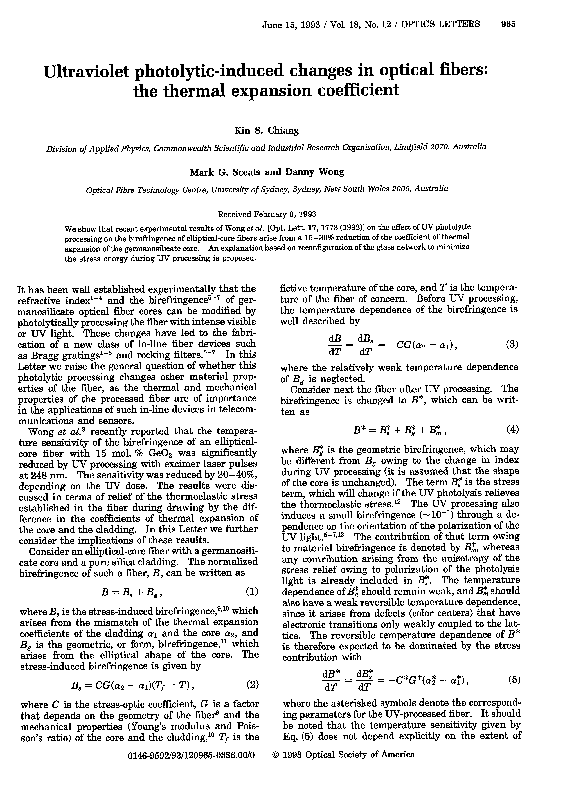 (PDF) Ultraviolet photolytic-induced changes in optical fibers: the ...