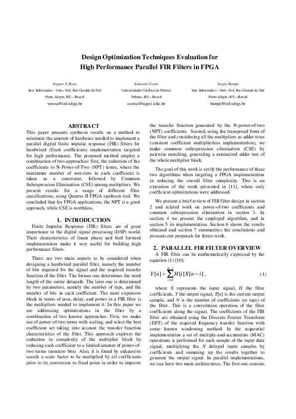 Pdf Design Optimization Techniques Evaluation For High Performance Parallel Fir Filters In Fpga