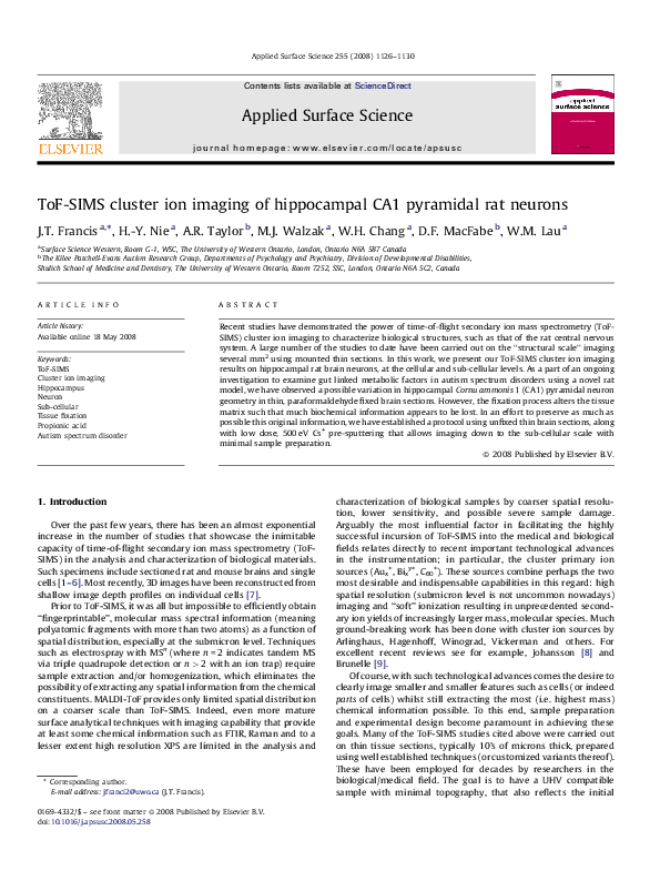 (PDF) ToF-SIMS cluster ion imaging of hippocampal CA1 pyramidal rat neurons