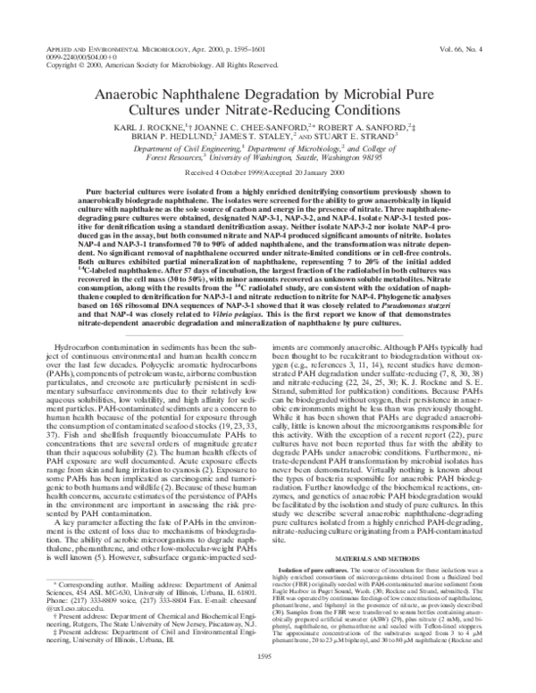(PDF) Anaerobic Naphthalene Degradation by Microbial Pure Cultures under Nitrate-Reducing Conditions