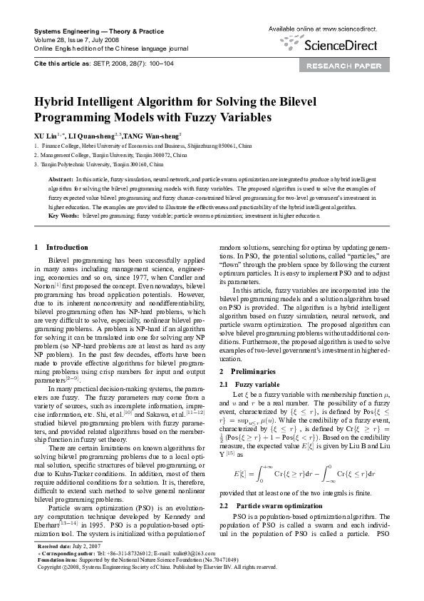 Pdf A Hybrid Intelligent Algorithm For Solving The Bilevel Programming Models