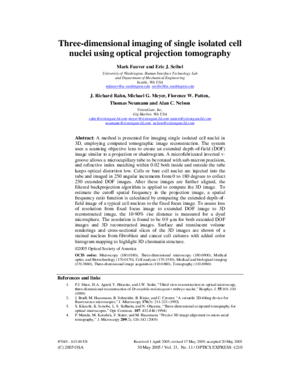 (PDF) Three-dimensional imaging of single isolated cell nuclei using optical projection tomography