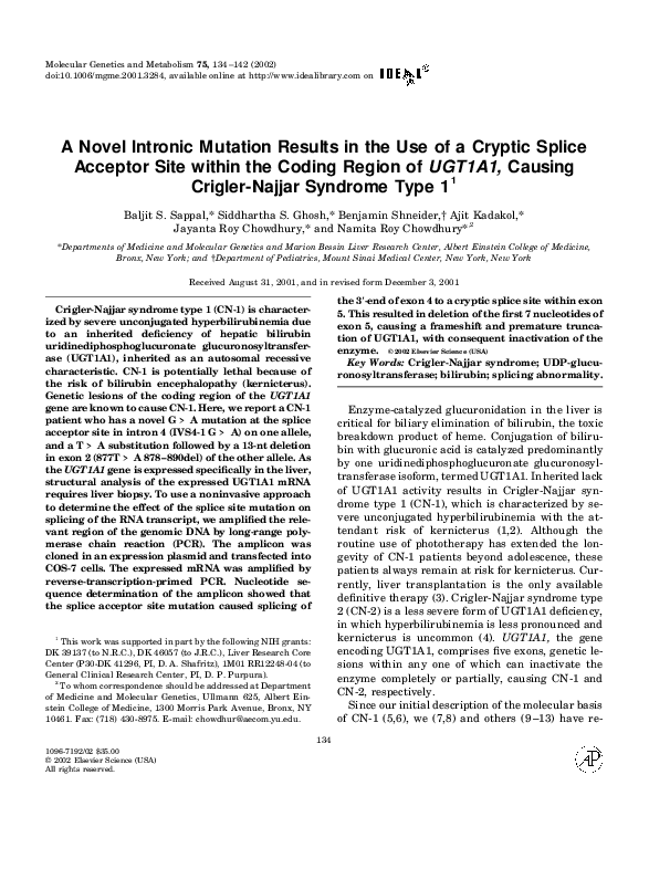 (PDF) A Novel Intronic Mutation Results in the Use of a Cryptic Splice Acceptor Site within the ...