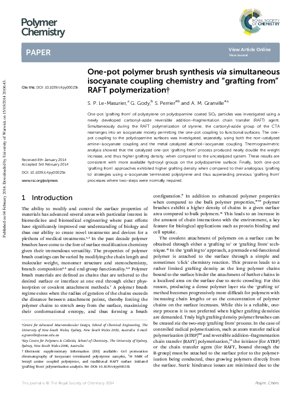 (PDF) One-pot polymer brush synthesis via simultaneous isocyanate coupling chemistry and ...