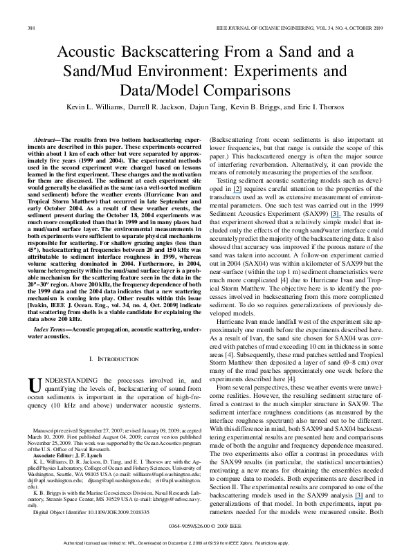 (PDF) Acoustic Backscattering From a Sand and a Sand/Mud Environment: Experiments and Data/Model ...