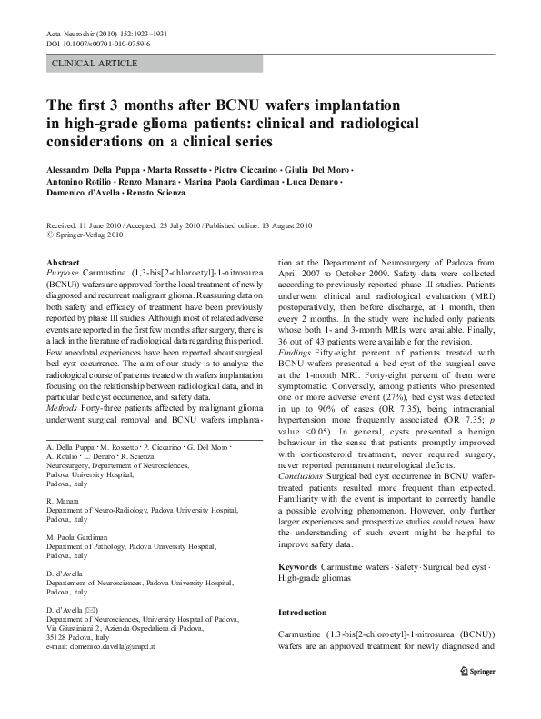 (PDF) The first 3 months after BCNU wafers implantation in high-grade glioma patients: clinical ...