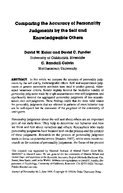 (PDF) Comparing the Accuracy of Personality Judgments by the Self and ...