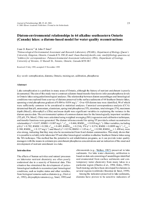 (PDF) Diatom-environmental relationships in 64 alkaline southeastern Ontario (Canada) lakes: A ...