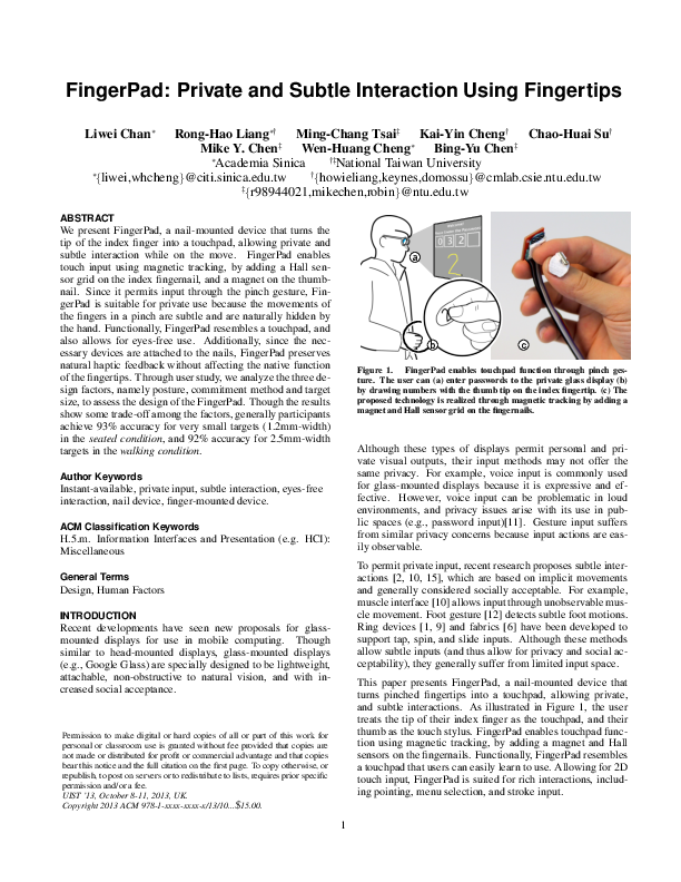 (PDF) FingerPad: Private and subtle interaction using fingertips