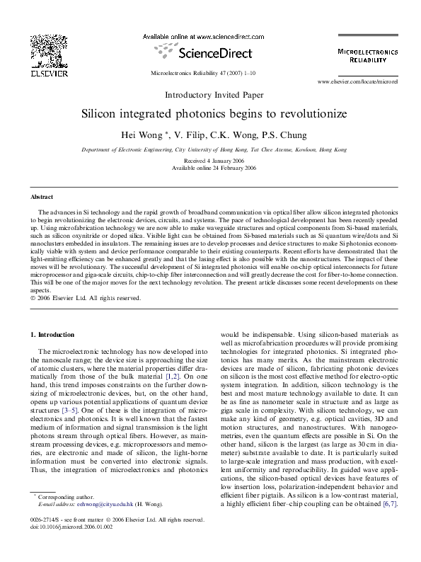 (PDF) Silicon integrated photonics begins to revolutionize