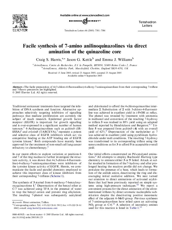 (PDF) Facile Synthesis of 7-Amino Anilinoquinazolines via Direct ...