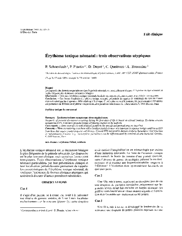 (PDF) Érythème Toxique Néonatal: Trois Observations Atypiques