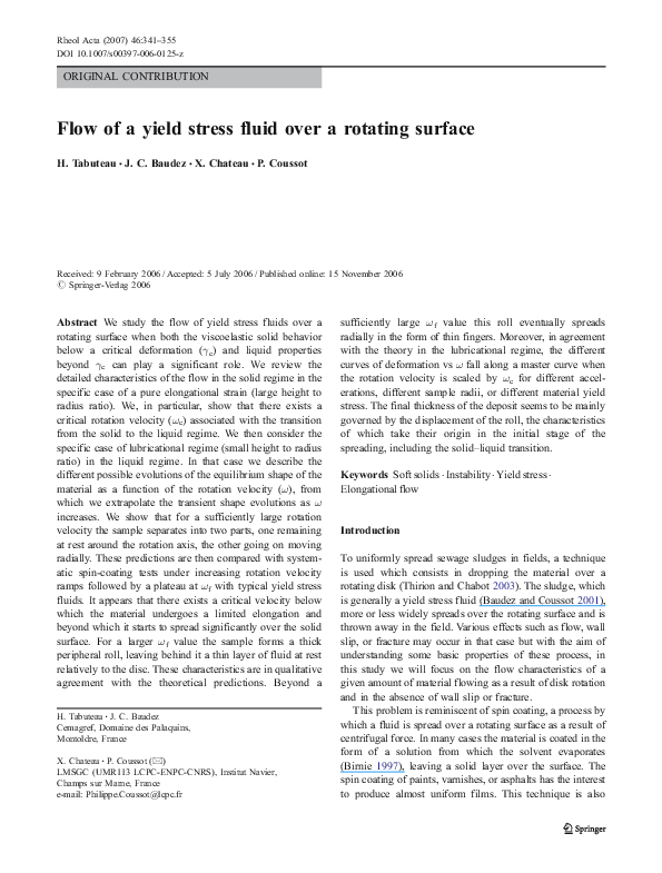 (PDF) Flow of a yield stress fluid over a rotating surface | herve tabuteau - Academia.edu