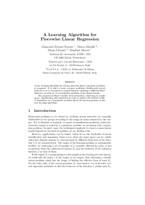 (PDF) A Learning Algorithm for Piecewise Linear Regression