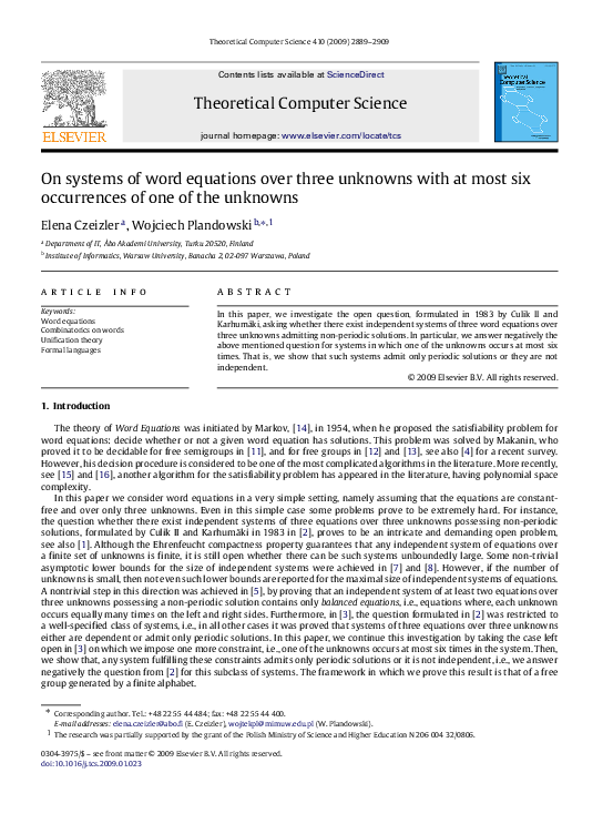 (PDF) On systems of word equations over three unknowns with at most six ...