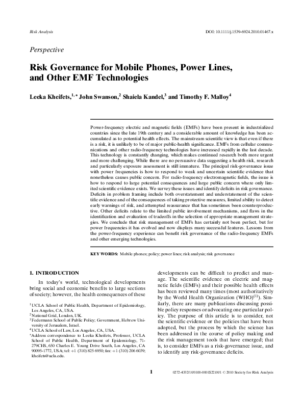 (PDF) Risk Governance for Mobile Phones, Power Lines, and Other EMF ...