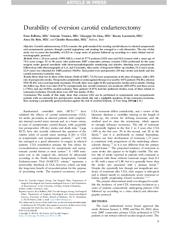 (PDF) Durability of eversion carotid endarterectomy