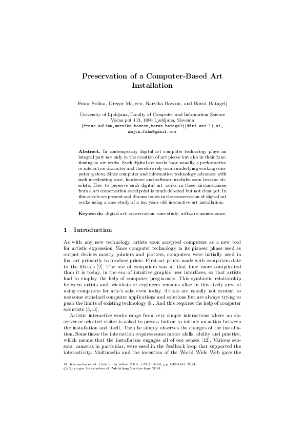 (PDF) Preservation of a Computer-Based Art Installation