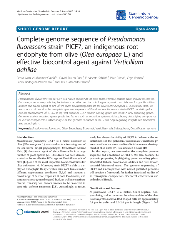 (PDF) Genome sequence of the biocontrol strain Pseudomonas fluorescens ...