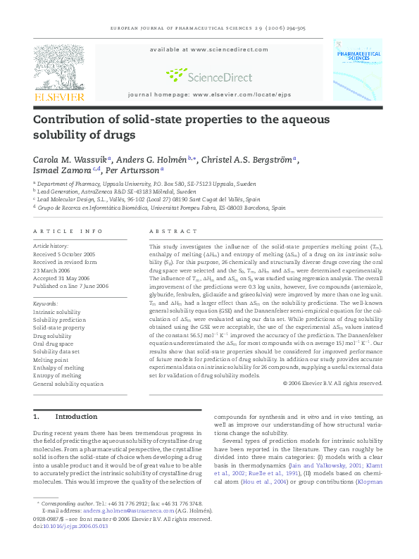 (PDF) Contribution of solid-state properties to the aqueous solubility of drugs