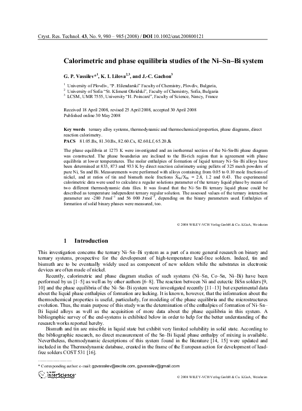 (PDF) Calorimetric and phase equilibria studies of the Ni-Sn-Bi system