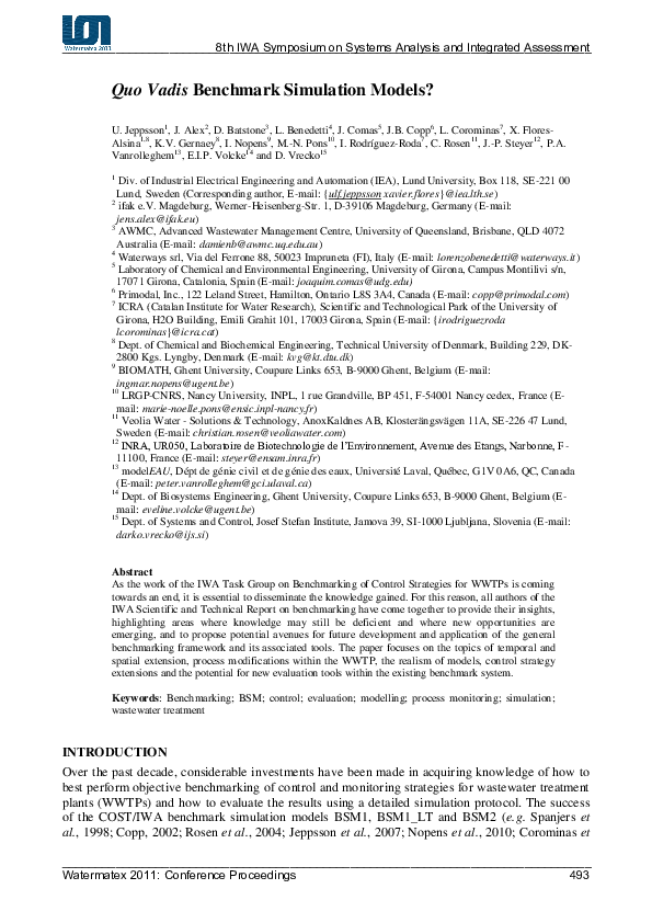 (PDF) Quo Vadis Benchmark Simulation Models