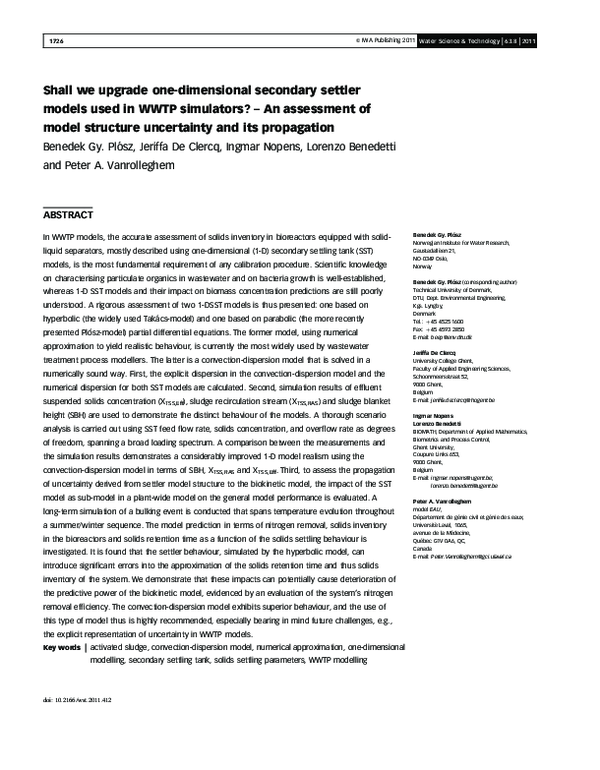 (PDF) Shall we upgrade one-dimensional secondary settler models in WWTP simulators?
