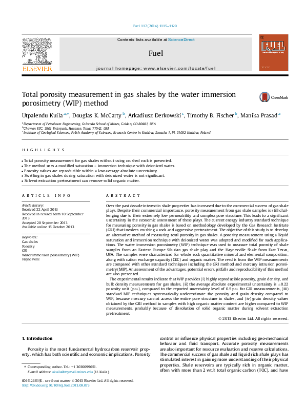 (PDF) Total porosity measurement in gas shales by the water immersion ...
