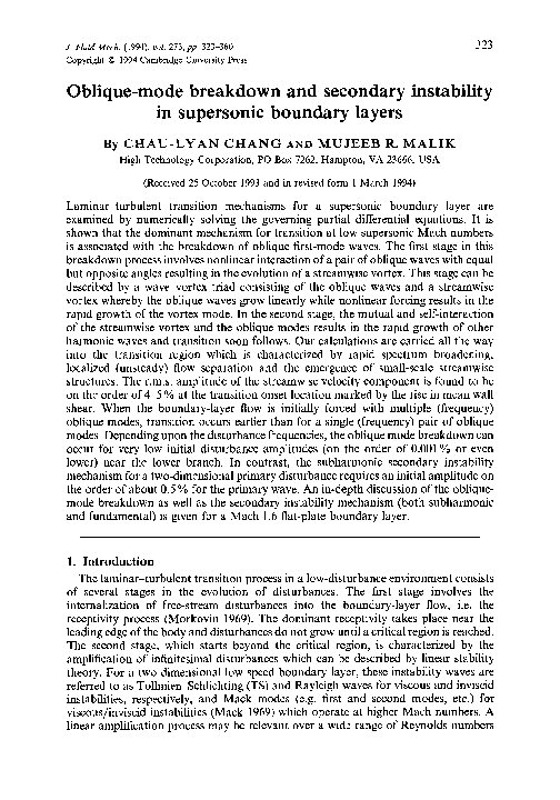 (PDF) Oblique-mode breakdown and secondary instability in supersonic boundary layers