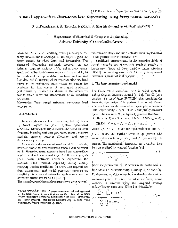 Pdf A Novel Approach To Short Term Load Forecasting Using Fuzzy Neural Networks